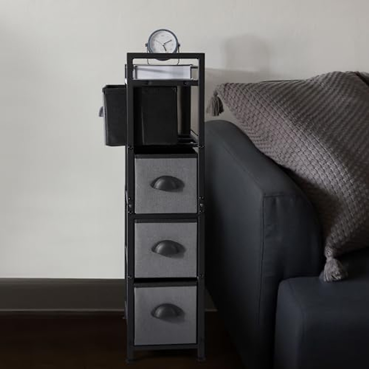 Narrow Dresser - 4 Drawers Slim Fabric Storage Cabinet - Vertical Standing Storage Chest - Gaps Tower Organizer with Removable Drawers and Wooden top for Laundry,Living Room,Entryway (Black_Side pull)