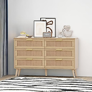 Rovaurx 6 Drawer Double Dresser for Bedroom, Rattan Chest of Dressers, Modern Wooden Dresser Chest with Golden Handles, Beside Table for Closet, Living Room and Entryway, Natural RDG001M