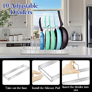 JORETLE Pot Lid Organizer, Pot and Pan Lid Holder Kitchen Pot Lid Rack, Best Organization Tool Suitable for Baking Pan, Cutting Board, Trays (2 PCS, 8 Silicone Foot Covers)