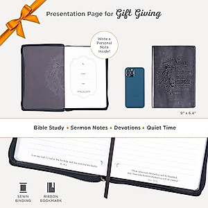 Classic Faux Leather Journal Be Strong and Courageous Lion Joshua 1:9 Bible Verse Gray Inspirational Notebook, Lined Pages w/Scripture, Ribbon Marker, Zipper Closure
