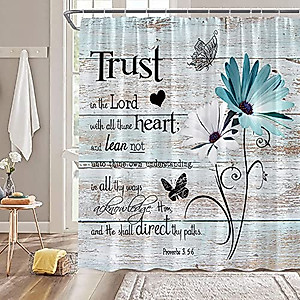 DSMEUE Inspirational Quote 4 Piece Shower Curtain Sets with Rugs，Rustic Teal Wooden Board Daisy Flower Butterfly Motivational 70"x70" Bathroom Curtain and 17.8"x29.5" Bath Mat,Toilet Cover, U-Shaped