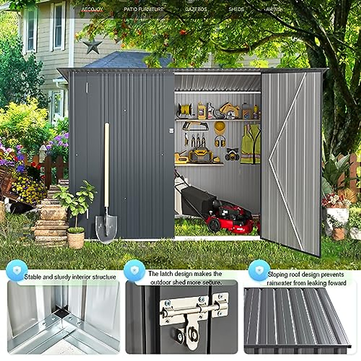 AECOJOY Storage Shed, 3 x 7 Ft Horizontal Bike Sheds & Outdoor Storage, Small Metal Outdoor Storage Cabinet for Garden