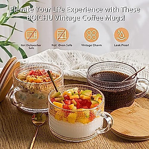 Vintage Coffee Mugs Glassware Set of 4-14oz Leak Proof Overnight Oats Containers with Lids and Spoons, Hobnail Glass Cups with Bamboo Lids, Ideal Coffee Bar Accessories Perfect for Coffee, Tea