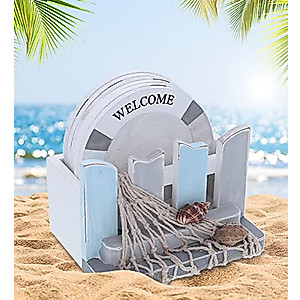 CoTa Global Moonlight Nautical Wooden Coaster Set - Rustic Circle Coaster Set with Holder, Cute Beach Theme Drink Coasters Set for Spill and Scratch Free Tabletop - 6 Coasters and 1 Holder Set