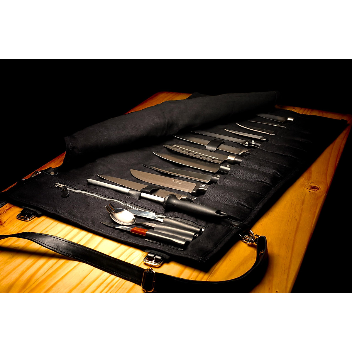 EVERPRIDE Chef Knife Roll Bag Holds 12 Knives and Cooking Tools – Durable, Large Knife Case Made of Canvas and Genuine Leather – Elegant Chef Bag for Professional Cooks – Knives Not Included