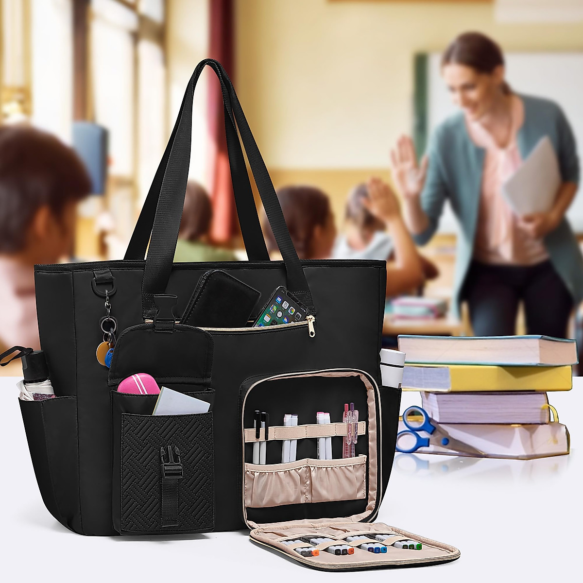 Fasrom XXL Utility Tote Bag for Women with 15.6 inches Laptop Compartment, Extra Large Teacher Bag to Hold Supplies and More, Black (Patent Design)