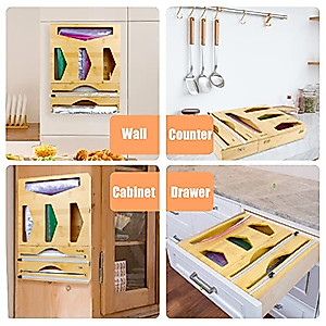 BIBIELF Bag Storage Organizer for Kitchen Drawer, Bamboo Ziplock Bag Storage Organizer Aluminum Foil with Cutter, Wall-mount Plastic Bag Storage Holder for Kitchen Drawer Wall Cabinet