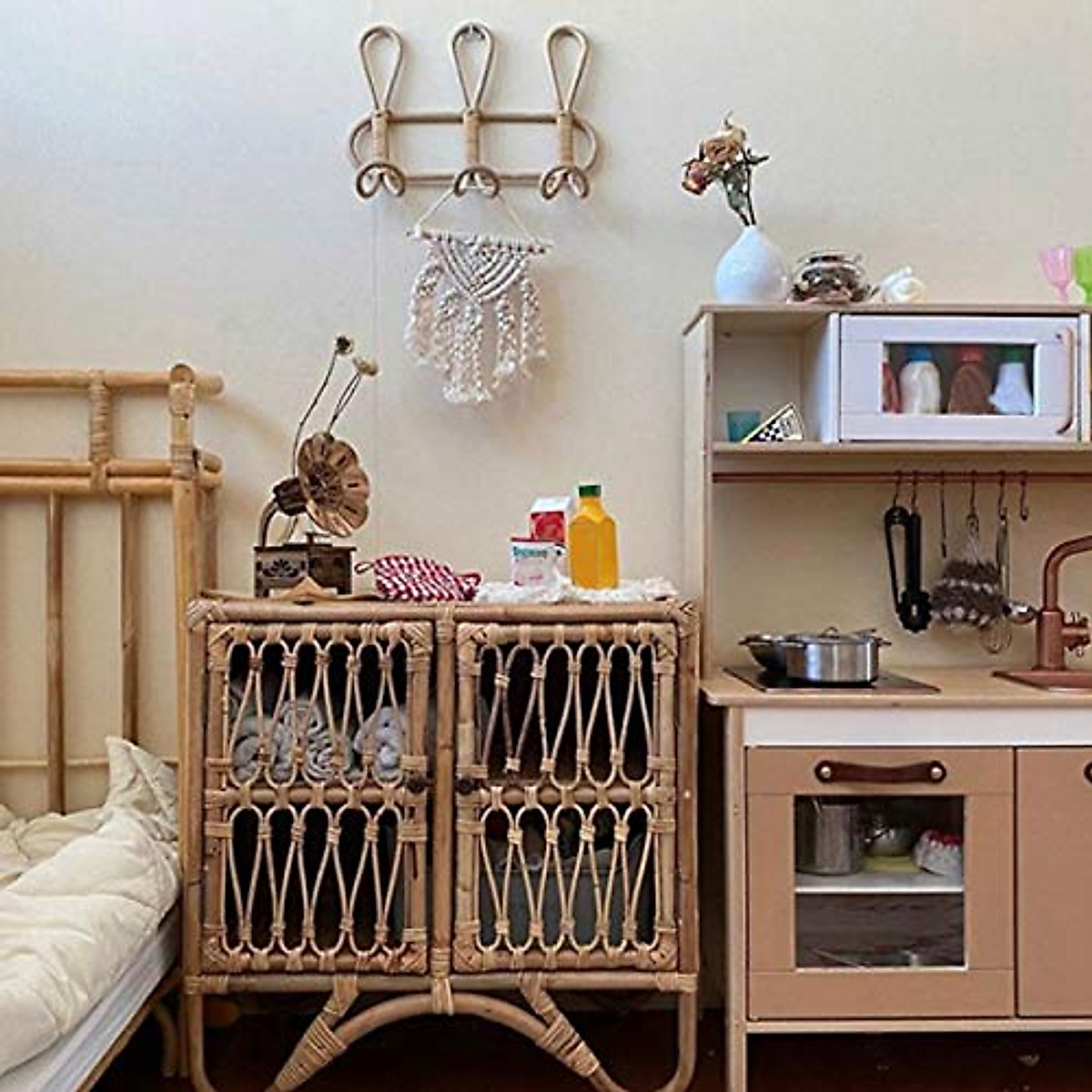 Tuklye Wall Hooks,Nature Rattan Garments Organizer Rack Clothes Hat Hanging Hook Rattan Hanger Kids Room Decor Hanger 15.7x7.9 Inch, Beige