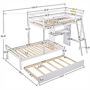 MOEO Twin Over Twin Bunk Bed with Trundle and Ladder for Kids, Adults, Wooden Bunkbed Frame w/Convertible Built-in Desk & Down Bed, Save Space, No Box Spring Required, White