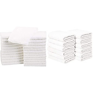 Amazon Basics Fast Drying, Extra Absorbent, Terry Cotton Washcloths, White - Pack of 24 & Cotton Hand Towels, White - Pack of 12