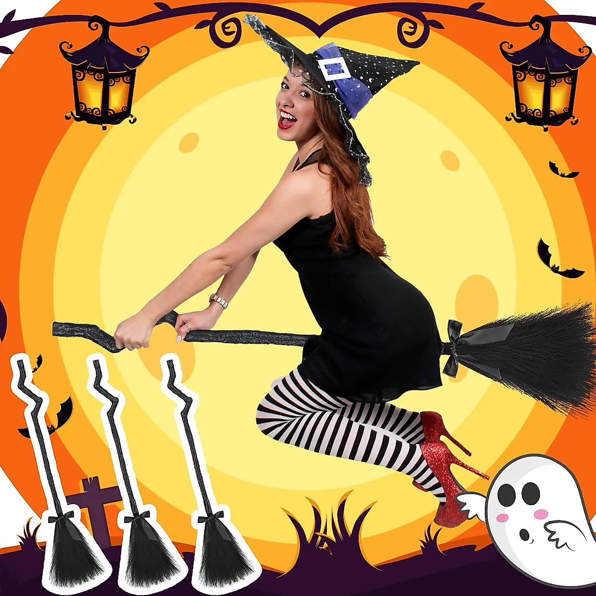 Liliful 3 Pcs Halloween Witch Broom Witch Broomstick with Ribbon Wizard Broomstick Halloween Decor for Kids and Adults, Party Cosplay Costume Accessories