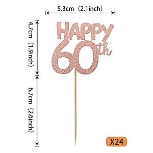 24 PCS Happy 60th Cupcake Toppers Glitter Sixty Cheers to 60 Fabulous Cupcake Picks Number 60 Birthday Cake Decorations for 60th Birthday Wedding Anniversary Retirement Party Supplies Rose Gold