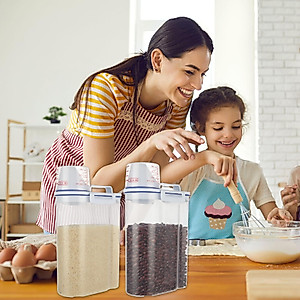 AKOLAFE 4 Pack Flour Container 5LB Pantry Food Storage Containers with Lids Airtight & Measuring Cup Small Air Tight Rice Holder Bin Plastic Cereal Grain Dispenser Kitchen for Sugar Dry Goods Pet Food