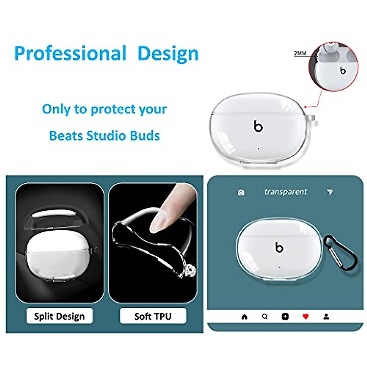 Soft TPU Transparent Case for Beats Studio Buds Case 2021, Shockproof Case Warterproof Case Cover Protective Case with Keychain (Transparent)