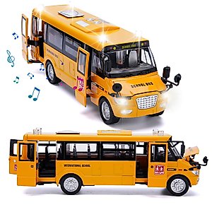 Crelloci School Bus Toy, Die Cast Pull Back 9'' Model Cars, with Lights & Sounds, Openable Doors, Large Yellow Metal Toy Vehicles, Play Bus for Boys Girls Kids Toddlers Ages 3+