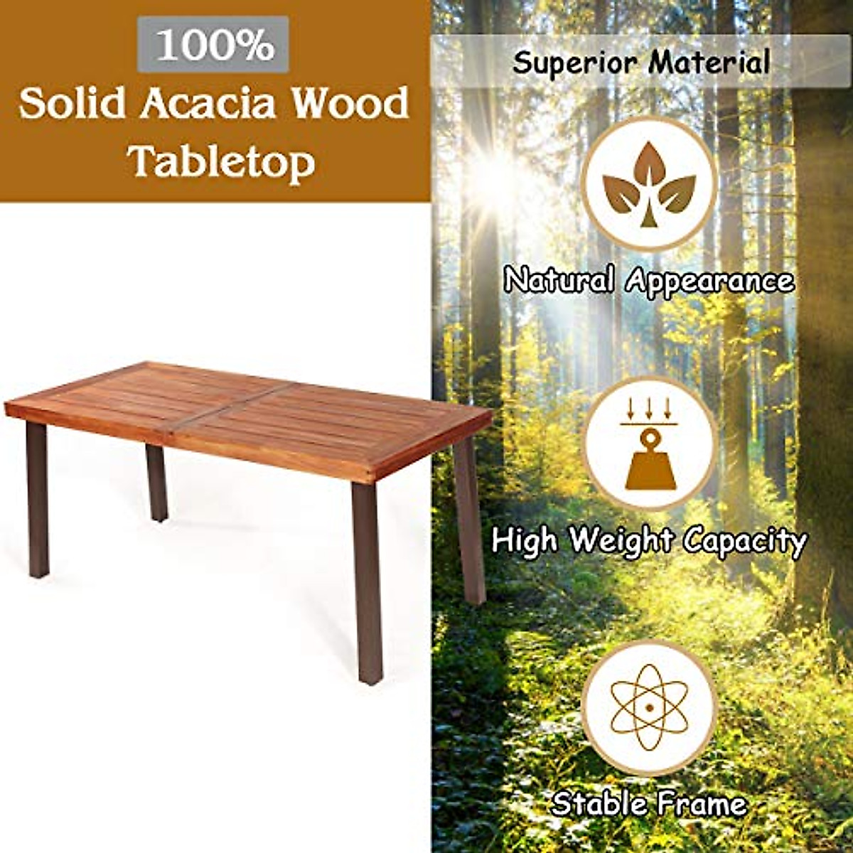 Giantex Patio Dining Table with Umbrella Hole, Outdoor Picnic Table for Backyard, Garden, Lawn, Farmhouse, Acacia Wood Rectangular Table with Metal Legs, Rustic Brown