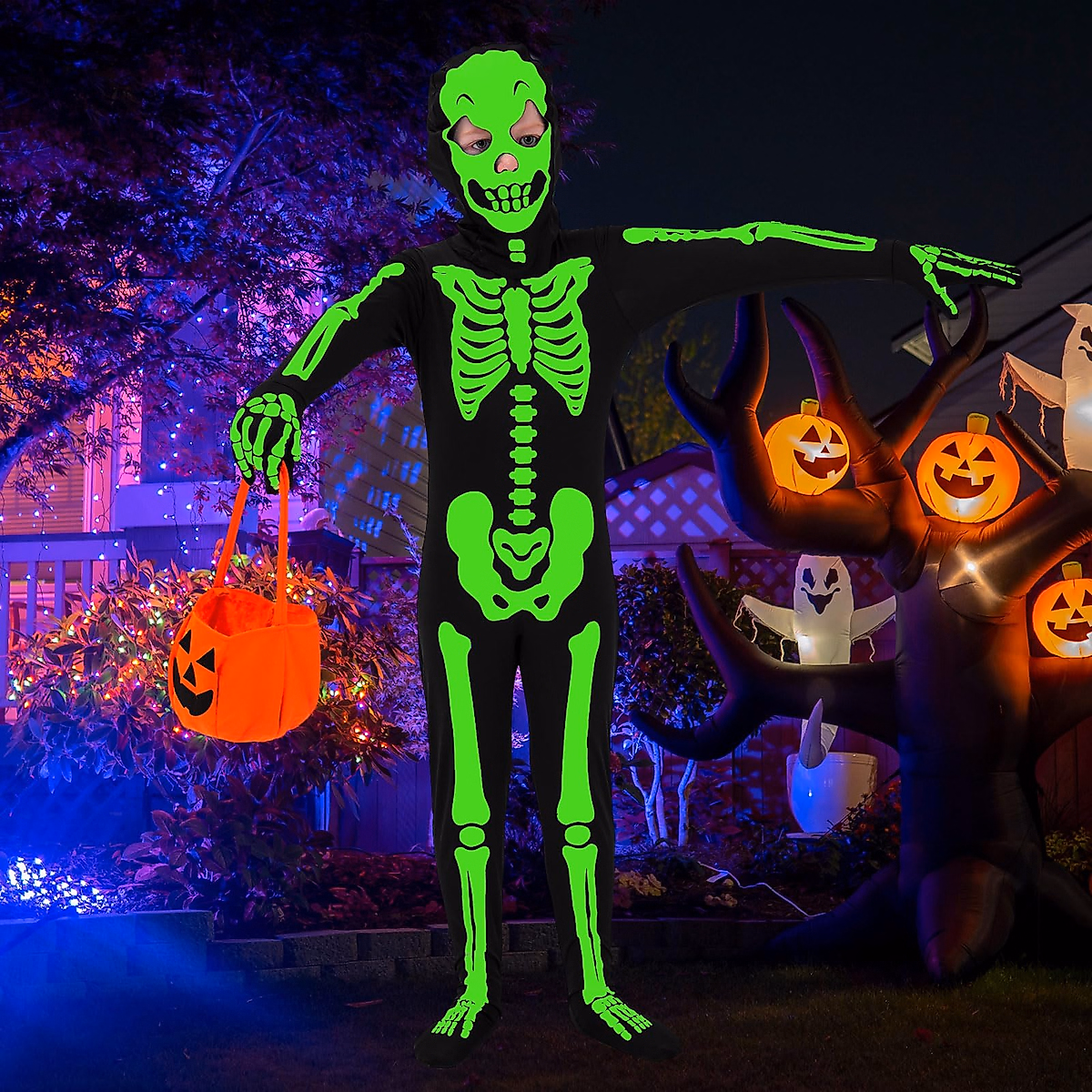 FAYBOX Skeleton Costume Glow in The Dark for Kids Toddler, Halloween Fortnite Onesie for Boy Girls with Pumpkin Candy Bag(10-12)
