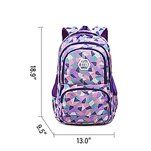 School Backpack for Boys And Girls,Middle School Elementary Bookbag,Geometric, Space、Leaf or Galaxy Print Backpack (Purple)