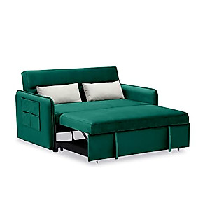 DHPM Pull Out Couch w/Headboard, 54" Modern Velvet Convertible Sleeper Love seat Sofa Bed with 2 Pillows & Detachable Side Pockets for Small Space, Living Room, Apartment, Green