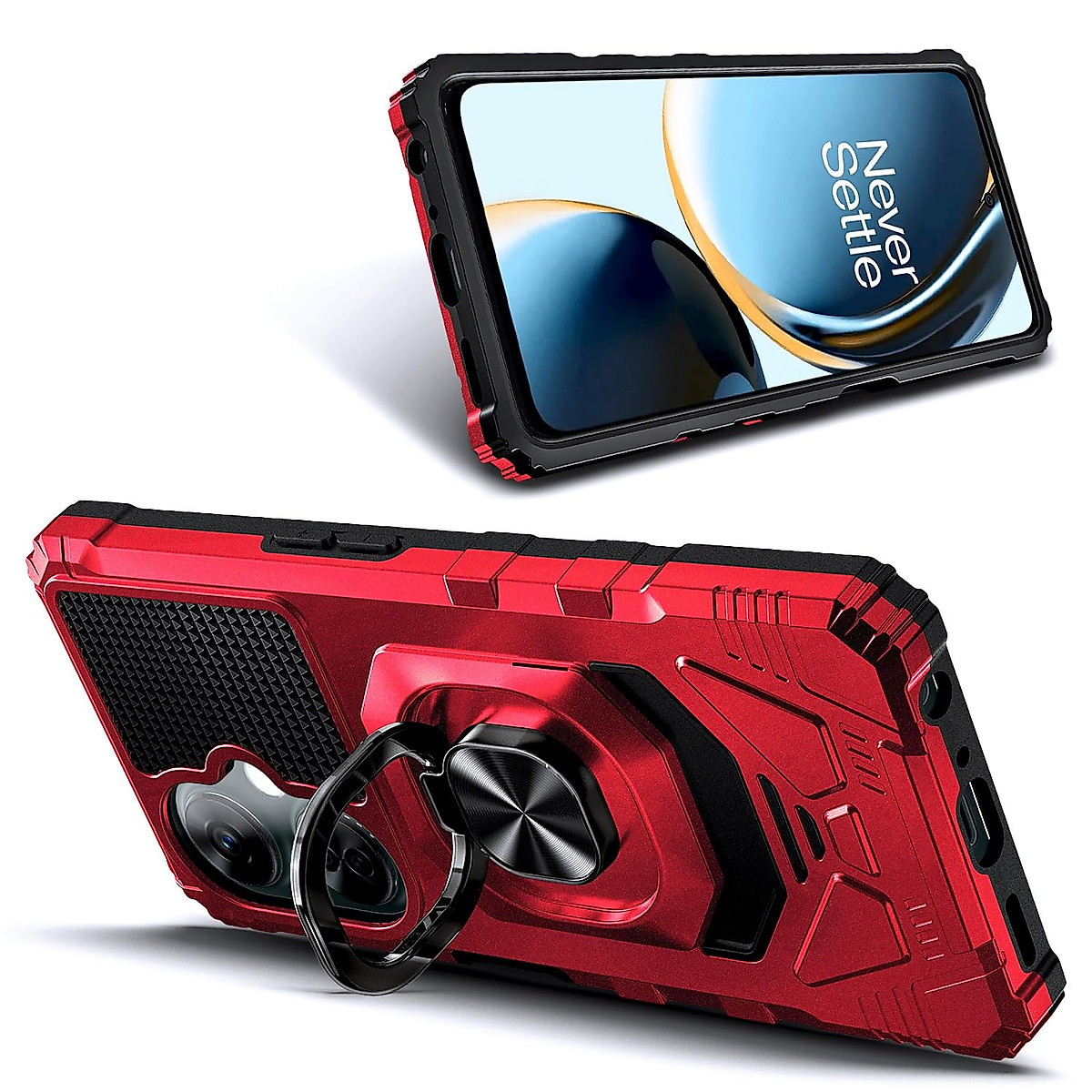 NZND Case for OnePlus Nord N30 5G / CE 3 Lite with Tempered Glass Screen Protector (Maximum Coverage), Full-Body Protective [Military-Grade], Magnetic Car Ring Holder Cover (Red), NZNDN305GLM