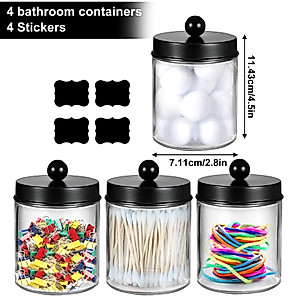 4Pcs Cotton Ball Holders with Lid, 9oz Clear Qtip Holder Dispenser Plastic Apothecary Jar Containers for Vanity Makeup Organizer Storage Bathroom Accessories Set for Cotton Swab, Ball, Pads (Black)
