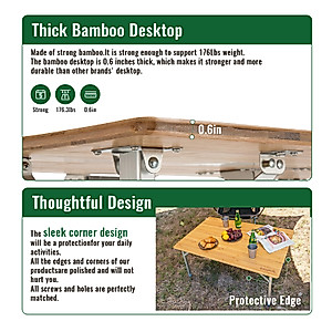 KingCamp Bamboo Folding Camping Table 4 Folds Lightweight with Adjustable Height Aluminum Legs Portable Camp Tables in Carry Bag for Indoor Outdoor Picnic Beach
