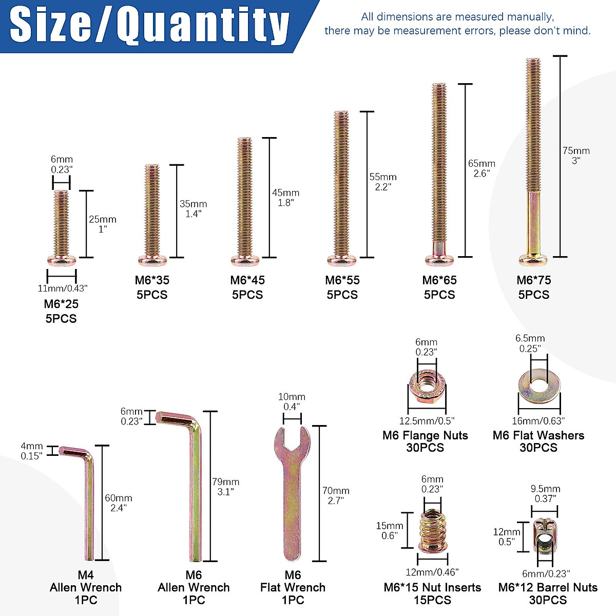 Glarks 138Pcs M6 Baby Bed Crib Screws Hardware Replacement Kit, M6x25/35/45/55/65/75/85MM Hex Socket Cap Screws with Nuts Washers and Tools for Chair Table Cabinets Furniture