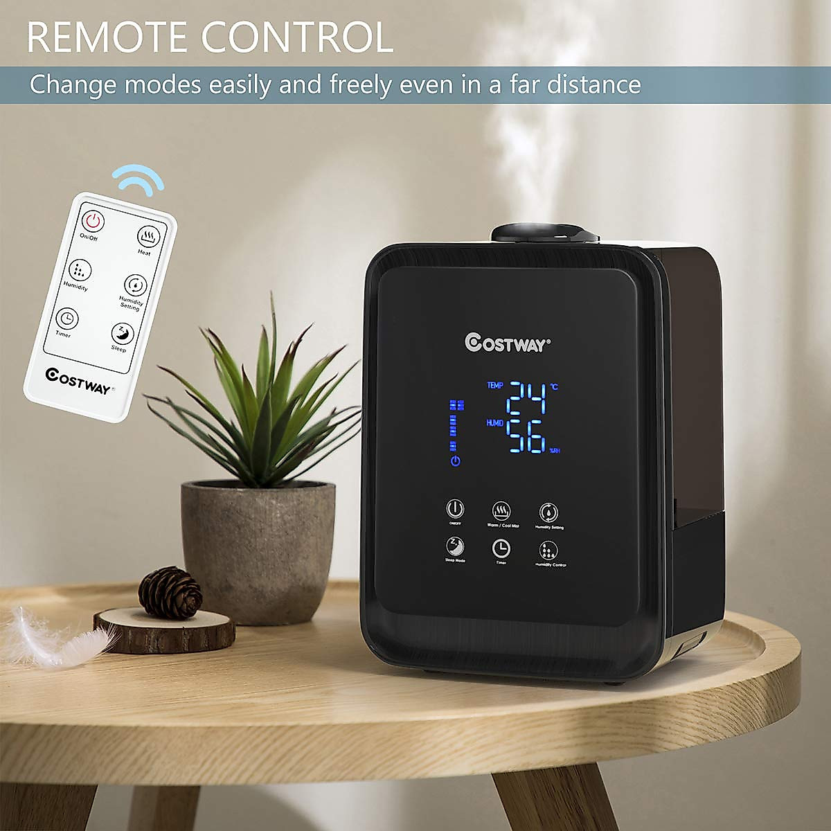 COSTWAY Ultrasonic Air Humidifier, 4.5L/1.2 Gallon, Warm and Cool Mist Humidifier, Whisper-quiet Operation, w/LED Touch Display and Remote Control, for Bedroom, Living room, and Baby room (Black)