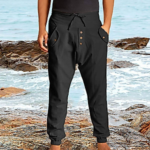 Mens Casual Pants with Elastic Waistband White Linen Pants Drawstring Elastic Waist Skinny-Fit Solid Loose Trousers Fashion Casual Double Pockets Pants Black 2X