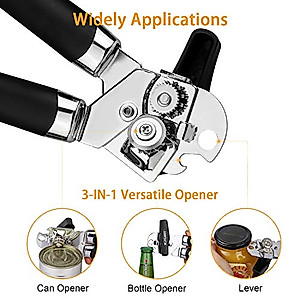 KzGrit Manual Can Opener, Food-Safe Stainless Steel, Smooth Edge, Tin Lids Jar Bottle Caps Openers with Non-Slip Handle and Ergonomic Turning Knob for Elderly with Arthritis(Black)