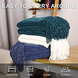 QUILTINA Super Value Fleece Throw Blankets for Couch, Lightweight Bed Blanket with Tassel for All Seasons, Spring/Summer Soft Blanket for Decoration & Outdoor Use (60'' x 50'' Blue)