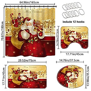 4 Pcs Merry Christmas Shower Curtain Set With Non-Slip Rug, Toilet Lid Cover And Bath Mat, 1 Survivor Pendant,Xmas Snowman Shower Curtains With 12 Hooks, Christmas Shower Curtain Sets For Bathroom