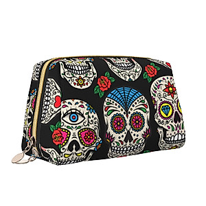 MZERSE Vintage Makeup/Travel/Cosmetic Portable Bag with Zipper, Lightweight Toiletry Bag Case Pouch Compatible With Halloween Mexican Day Dead Sugar Skulls, Luxury Cash Pencil Bag Gift