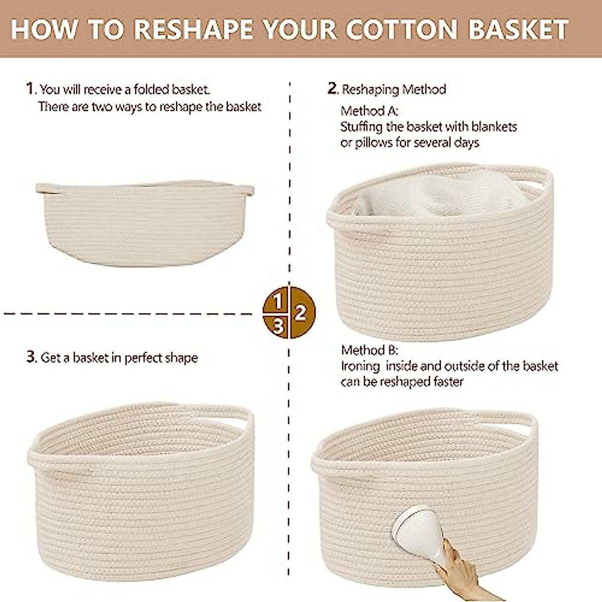 joybest Storage Baskets for Shelves, Cotton Woven Baskets for Organizing, Rope Baskets with Handles for Nursery Organizer Towels Swaddle Blankets Baby Clothes Diaper Candy