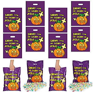 72 Pcs Halloween Christian Pumpkin Plastic Bags 12 x 17 Inch Halloween Treat Bags with Handle Halloween Goody Gift Bags for Trick or Treat Bags Halloween Party Favor