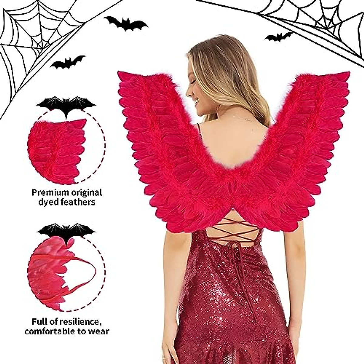 MOVINPE Red Devil Halloween Costume Accessories Set, Infernal Feather Wings Devil Horns Headband Trident Self Adhesive Face Gems Jewels Wound Tattoos for Girls Woman Cosplay Party