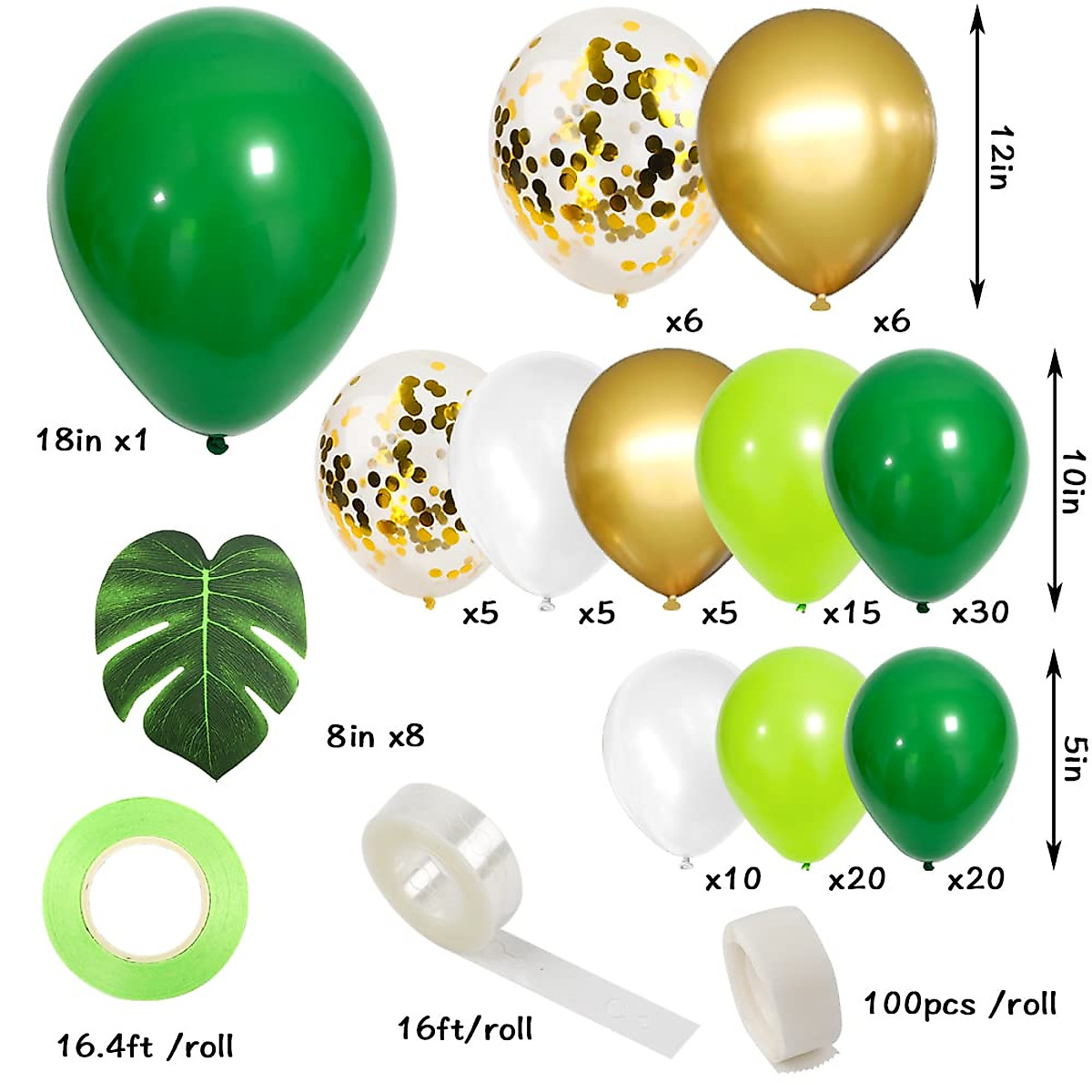 RUBFAC 134pcs Jungle Safari Balloons Garland Arch Kit, Green and Gold White Confetti Balloons with Artificial Tropical Palm Leaves for Birthday Baby Shower Wild One Animal Dinosaur Theme Decoration