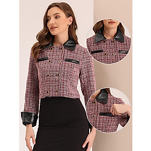 Allegra K Tweed Plaid Blazer for Women's Contrast Collar Double Breasted Vintage Cropped Jackets X-Large Red