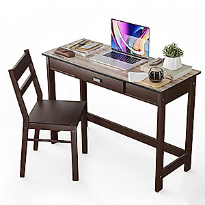 Tangkula Study Desk & Chair Set, Kids Learning Table with Drawer, Ergonomic Chair with Inclined Backrest, Students Computer Workstation with Solid Rubber Wood Feet, Teen Desk & Chair Set