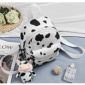 Amosfun Cow Pattern Backpack Cow Print Backpack Mini Canvas Daypack with Plush Cow Pendant for Bag Accessory