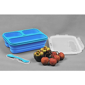Sailing Elegant Collapsible Silicone 3-Compartments Lunch Box/Container, Super Convenient Stackable Food Storage Containers, Material Safe (Set of 1, Blue)