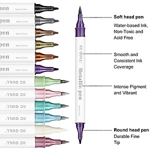 GC QUILL 12 Colors Metallic Marker Pens - Dual Tip Brush and Fine Point Pens for DIY Album, Black Cards, Scrapbooking, Craft Supplies, on Ceramic, Stone, Glass, Fabric GC-MP12