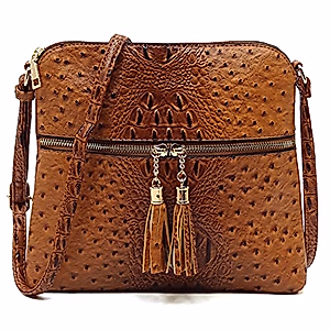 Ostrich Croc Tassel Zipper Pocket Crossbody Bag Animal Pattern Printed Shoulder Bag Womens Purse Satchel (#A-Light Brown)