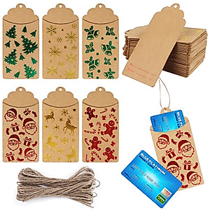 LOKIPA 54PCS Christmas Card Gift Holder Tags, Gold Foil Christmas Gift Tags with String Twine Holiday Gift Card Holders Hanging Christmas Tags for DIY Christmas Gift Wrapping Present Decoration