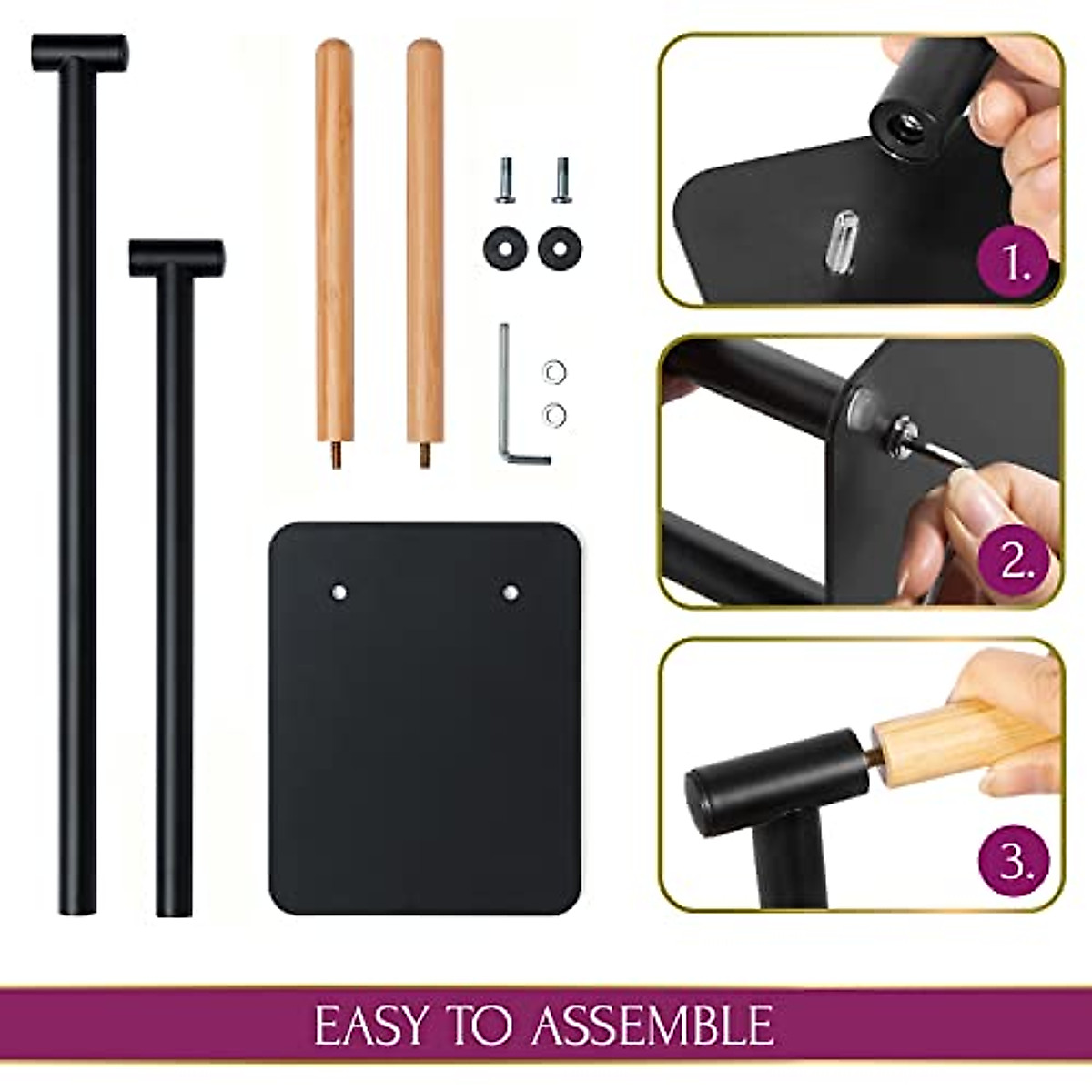 Black Hand Towel Stand for Countertop - Steel and Bamboo Hand Towel Holder for Bathroom Countertop, Double L-Shaped Black Hand Towel Holder for 2 Towels with Non-Slip Pads