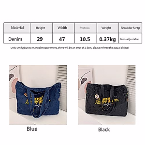 Tote Vintage Denim Embroidery Casual Cool Girl Shoulder Bag Soft Student Large Capacity Shopping Bag Harajuku (blue)