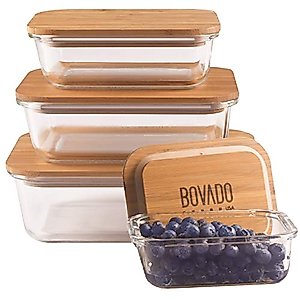 Bovado Set of 4 Rectangular Glass Food Storage Containers (12 oz + 20 oz + 35 oz +50 oz) with Eco-Friendly Bamboo Lids | 4 Bento Boxes for Meal Prep, Leftovers, Baking, Cooking & Lunch | BPA-Free