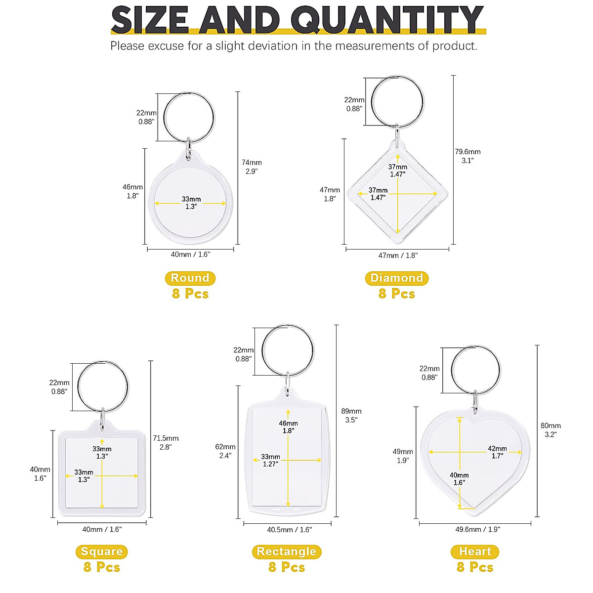 Mardatt 40Pcs Clear Acrylic Blank picture Photo frame keychain Personalized photo insert keychain bulk, Rectangle, Heart-Shaped, Round, Square and Rhombus Great for Personalized Keychains DIY Gift