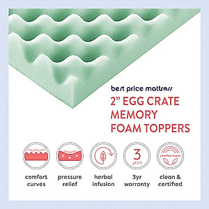 Best Price Mattress 2 Inch Egg Crate Memory Foam Mattress Topper with Calming Aloe Infusion, CertiPUR-US Certified, Twin Green
