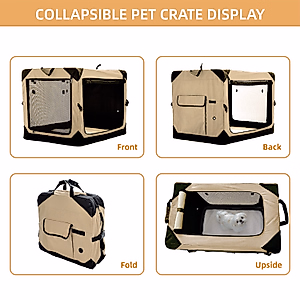 Pettycare 30 Inch Collapsible Dog Crate for Medium Dogs, 4-Door Foldable Soft Dog Kennel with Chew Proof Mesh Windows, Indoor & Outdoor Travel Dog Crate, Soft Side Dog Crate,Beige